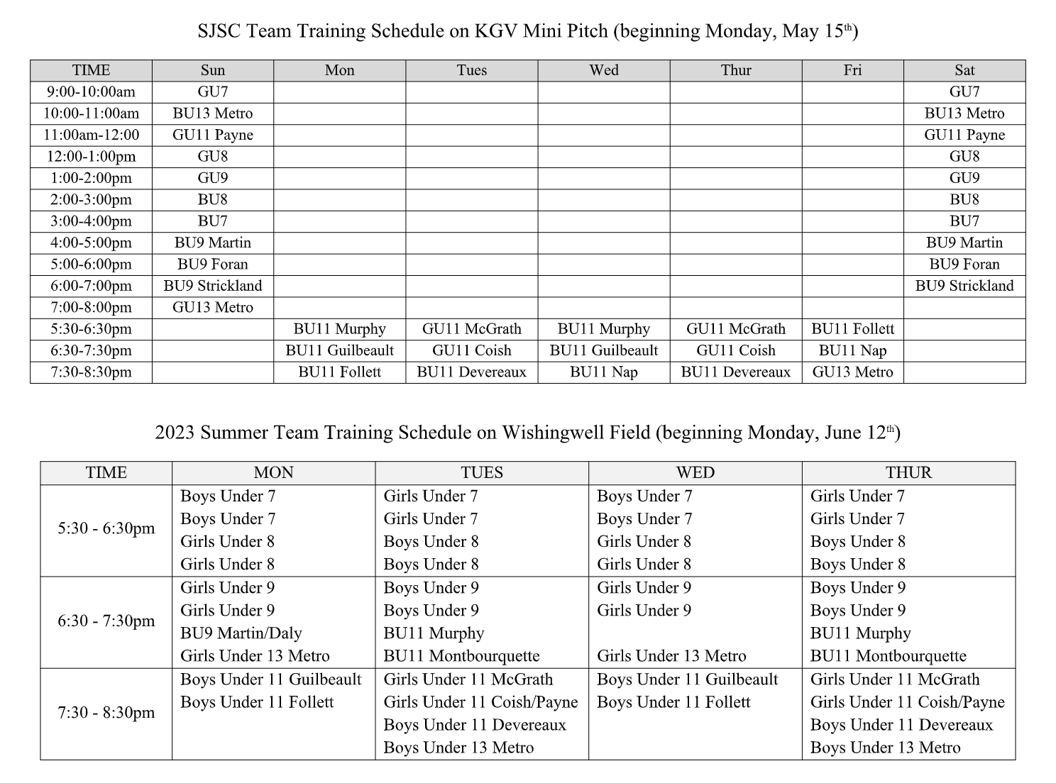 Metro Training Schedule St John s Soccer Club
